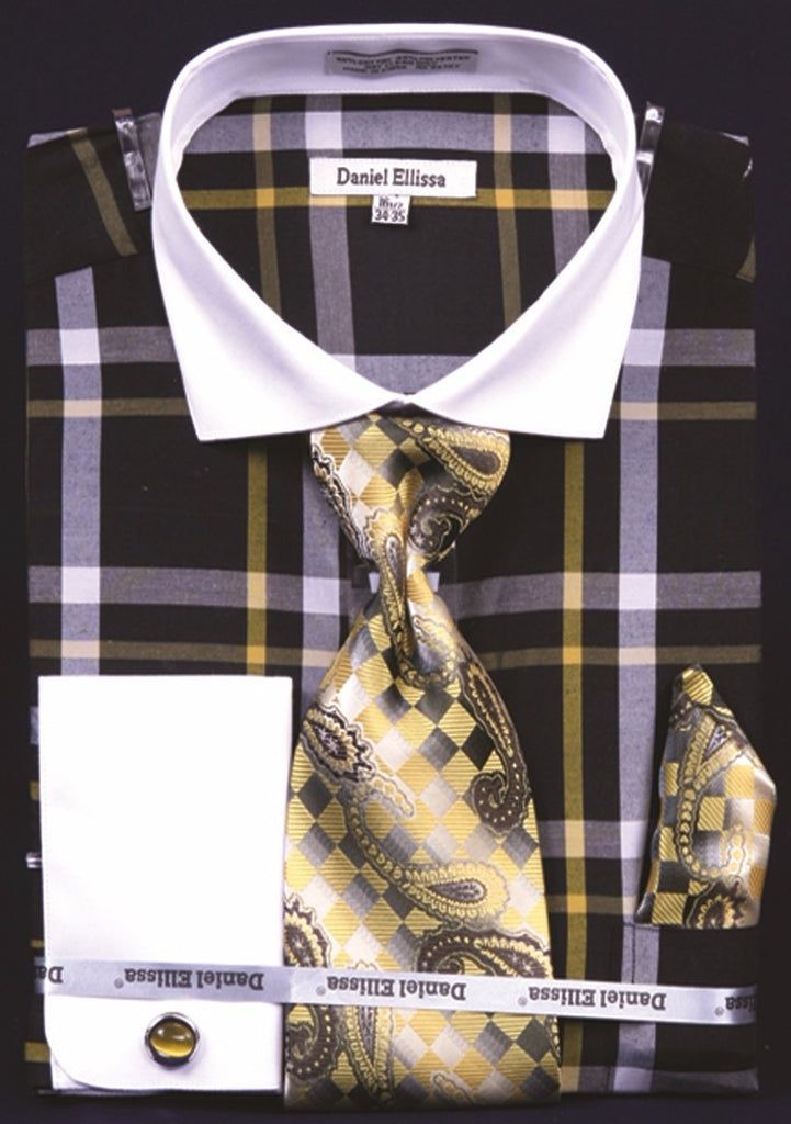 Daniel & Ellisa DS3771P2 Men's Checker Pattern French Cuff Shirts with ...